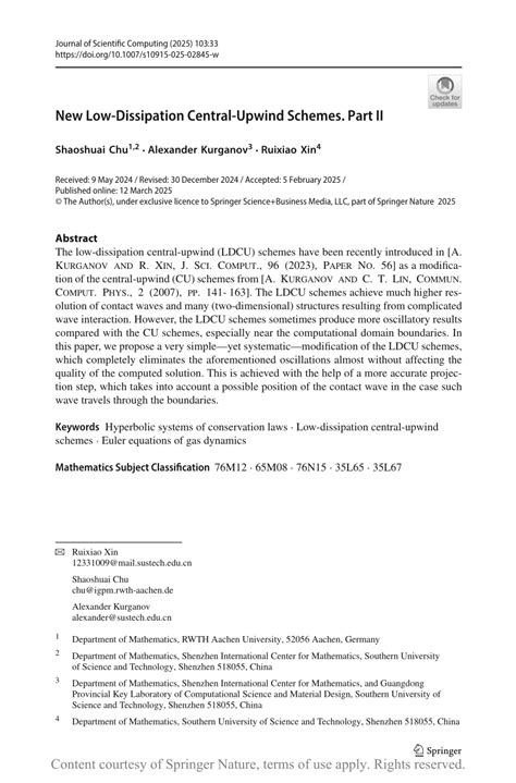New Low Dissipation Central Upwind Schemes Part Ii Request Pdf