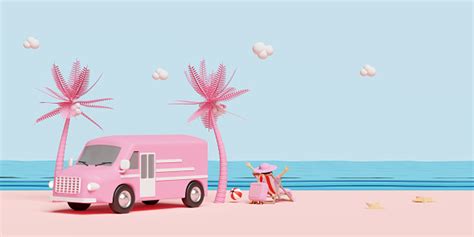 3d 캐릭터 만화 여자는 해변 의자 공 여행 가방 모자 불가사리 자동차 밴 야자수 풍경 배경으로 여름 해변과 하늘을 여행합니다 관광 여행 개념 3d 렌더링 일러스트레이션