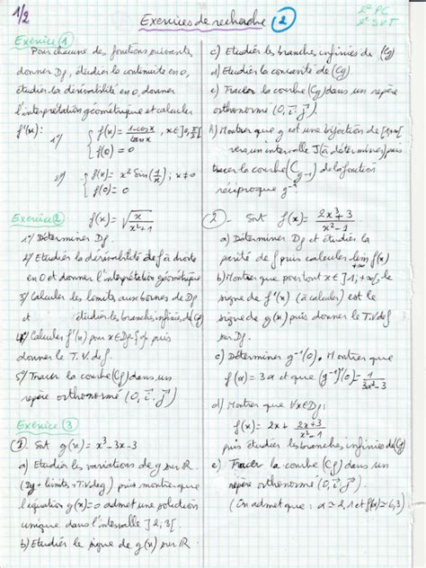 Exercices De Recherche 2 Page 1 Dérivabilité And Etudes Des