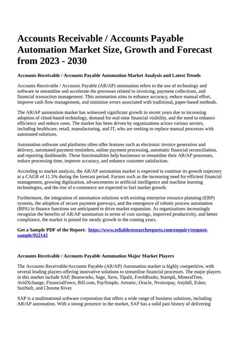 Reportprime Accounts Receivable Accounts Payable Automation Market Size Growth And Forecast