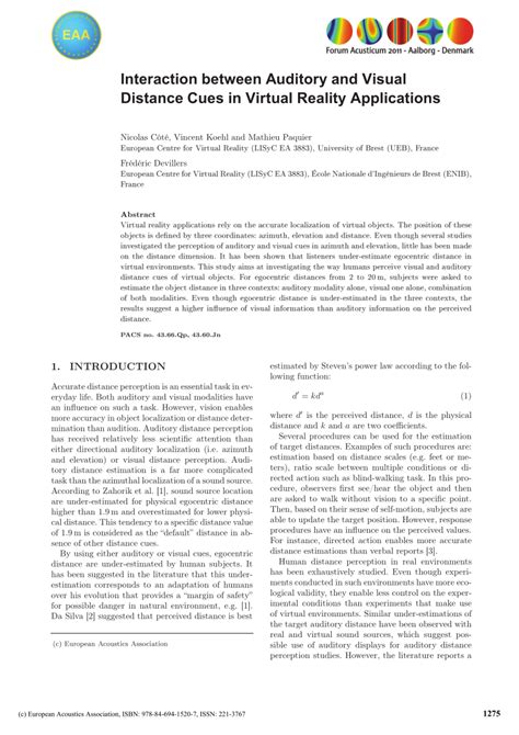 Pdf Interaction Between Auditory And Visual Distance Cues In Virtual Reality Applications