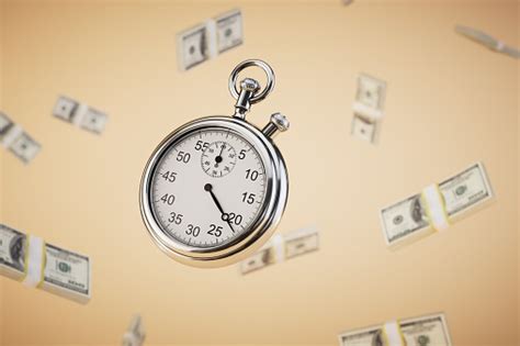 돈을 벌 수있는 제한된 시간 스톱워치와 파스텔 배경을 가로질러 날아다니는 달러 지폐 팩 3d 렌더링 스톱워치에 대한 스톡 사진 및 기타 이미지 Istock