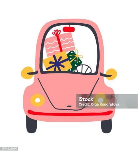 복고풍 만화 자동차와 인사말 엽서입니다 크리스마스 쇼핑과 선물이 있는 분홍색 자동차 카드 커버 티셔츠 가방에 대한 벡터 그림입니다 산타 클로스에 대한 스톡 벡터 아트 및