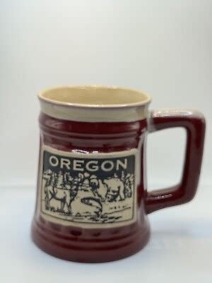 Made In Oregon Pottery Mug Wildlife Scene 2d Raised Large Burgundy Ebay
