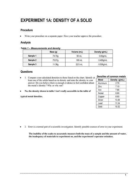 Answer Sheet Density Of Solids 1 Experiment 1a Density Of A Solid