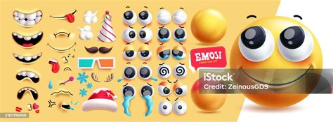 이모티콘 제작 키트 클립 아트 3d 캐릭터 세트 입 눈 혀 콧수염 눈물 파티 모자가 있는 이모티콘 편집 가능한 얼굴이 행복합니다 21세기에 대한 스톡 벡터 아트 및 기타