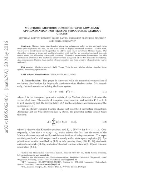 Pdf Multigrid Methods Combined With Low Rank Approximation For Tensor Structured Markov Chains