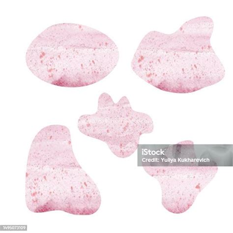 흰색 배경에 다양한 모양의 분홍색 수채화 물방울 세트 격리된 그림입니다 손으로 그리고 튀기고 씻습니다 0명에 대한 스톡 벡터