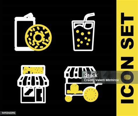 물 패스트 스트리트 푸드 카트 피자 가게 건물 외관 및 알루미늄 캔 소다 및 도넛 아이콘이 있는 세트 라인 유리 벡터 거리에 대한 스톡 벡터 아트 및 기타 이미지 Istock