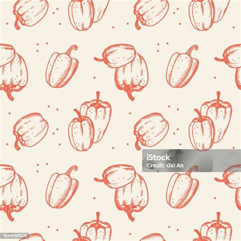 파프리카 고추 이음매 없는 패턴 손으로 그린 벡터 그림 카드 인쇄물 라벨 포장 배너 직물을 위한 붉은 고추 장식 장식으로 배경을 반복합니다 식품야채 수확 고추류에 대한 스톡