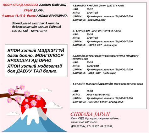 Chikara ЯПОН УЛСАД АЖИЛЛАХ АЖЛЫН БАЙРАНД УРЬЖ БАЙНА 4 сарын 16 17 д болох АЖЛЫН ЯРИЛЦЛАГА
