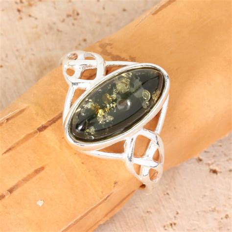 Green Baltic Amber Sterling Silver Celtic Design Ring