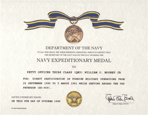 Navy Expeditionary Medal Certificate