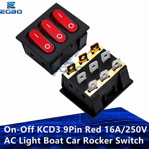 1pcs On Off Kcd3 9pin Red 16a 250v Ac Light Boat Car Rocker Switch Kcd3 Triple 