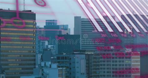 Animation Of Computer Language Globe Graphs Loading Circles Over Aerial View Of Modern