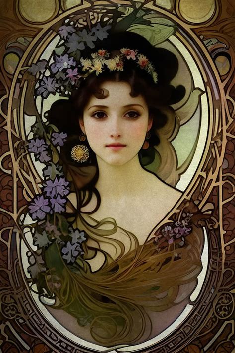 Elegant Mucha Style Portrait Of A Beautiful Woman Art Nouveau