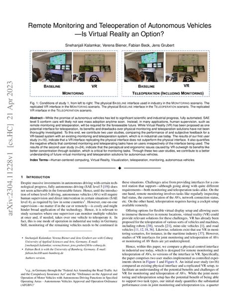 Remote Monitoring And Teleoperation Of Autonomous Vehicles Is Virtual Reality An Option Deepai