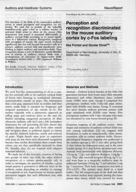 Pdf Perception And Recognition Discriminated In The Mouse Auditory