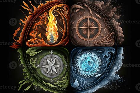 Four Elements Compass Colorful Magical Fantasy Compass Four Elements Earth Fire Water Air