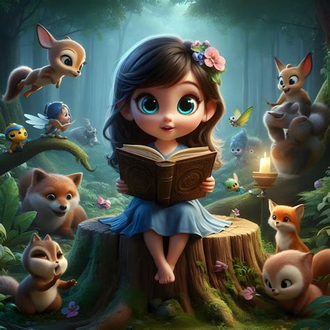 Uma Menina De Desenho Animado A Ler Um Livro De Contos De Fadas Numa