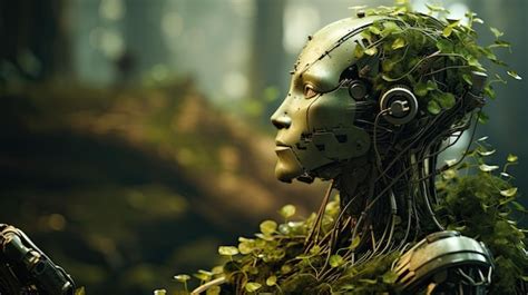 Premium Ai Image Robot Covered In Leaves Unity Of Nature And Technology