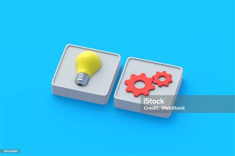 기술 혁신 버튼에 기어와 전구가 있습니다 시작 개념입니다 혁신 아이디어 새로운 생산 라인 기업 관리 비즈니스 솔루션 현대 기술 3d 렌더링 3차원 형태에 대한 스톡 사진 및