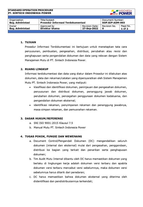 Sop Pt Sintech Indonesia Power