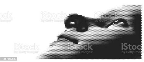 작은 입자로 만든 사람의 얼굴 그림입니다 남자는 위를 올려다 추상적 디지털 인간의 머리 프리젠 테이션 배너 전단지 포스터 커버 또는 브로셔를위한 미니멀 한 디자인 3d 벡터