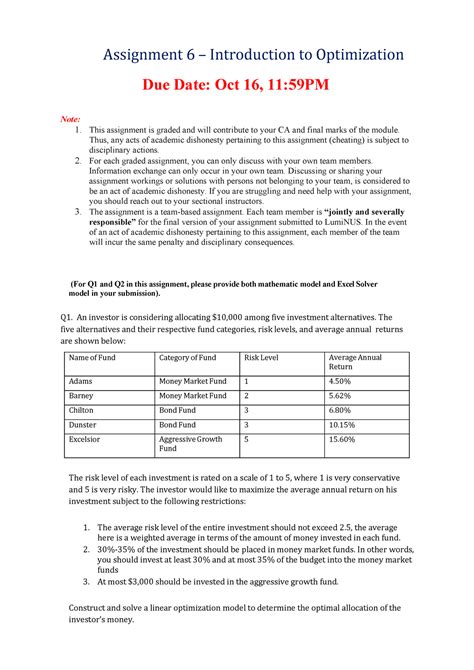 Assignment 6 Dao Assignment 6 Introduction To Optimization Due Date Oct 16 1159pm Note 1
