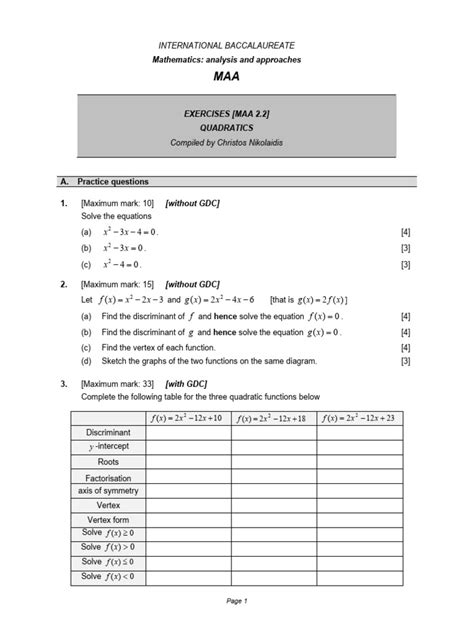 22 Quadratics For Ib Pdf Quadratic Equation Mathematical Concepts