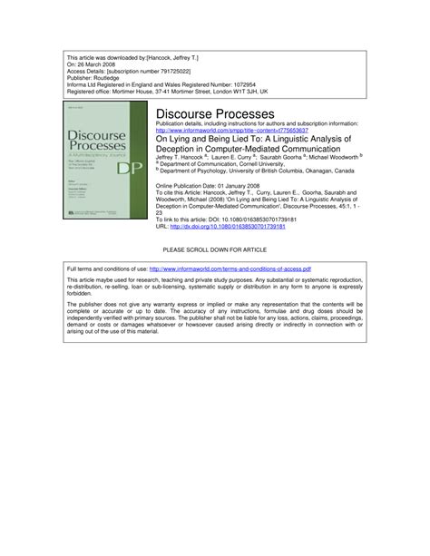 Pdf On Lying And Being Lied To A Linguistic Analysis Of Deception In Computer Mediated