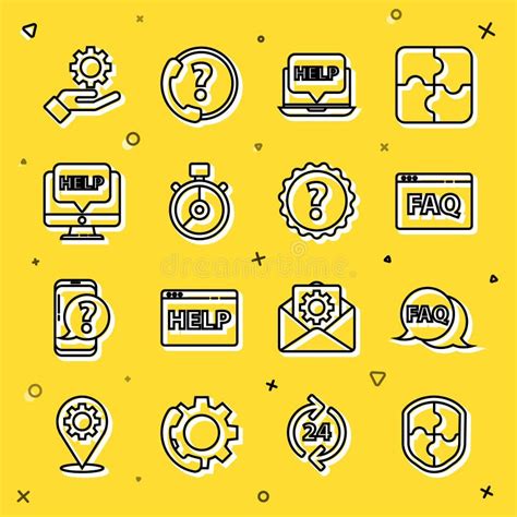 Set Line Shield Speech Bubble With Faq Browser Laptop And Help Stopwatch Computer Monitor