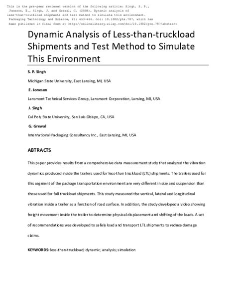 Pdf Dynamic Analysis Of Less Than Truckload Shipments And Test Method To Simulate This Environment