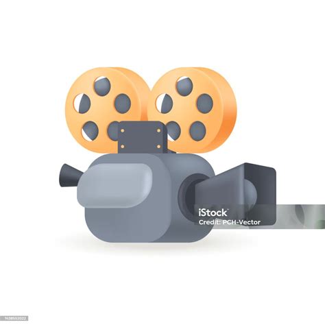 노란색 필름 릴 3d 아이콘이있는 레트로 블랙 비디오 카메라 3차원 형태에 대한 스톡 벡터 아트 및 기타 이미지 3차원 형태 감독 개념 Istock