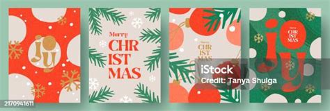 메리 크리스마스와 새해 복 많이 받으세요 인사말 카드 세트 타이포그래피 크리스마스 트리 가지 공 눈송이 패턴과 함께 현대적인