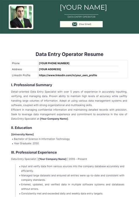 Free Data Entry Operator Resume Template To Edit Online