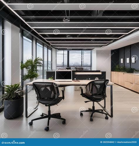 A Modern Office Space With Sleek Desks And Ergonomic Chairs3 Stock Illustration Illustration