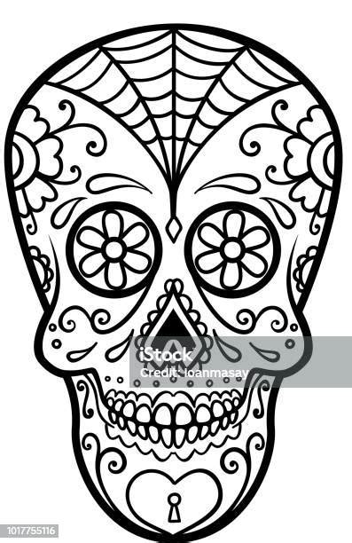 멕시코 설탕 두개골의 그림입니다 죽음의 날입니다 디 아 드 로스 안 돼 레이블 상징 기호 포스터 T셔츠를 위한 디자인 요소입니다 고딕 양식에 대한 스톡 벡터 아트 및 기타
