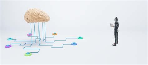 넓은 흰색 배경 기계 학습 해킹 및 인공 지능 개념에 전선에 연결된 추상적 인 인간의 두뇌와 노트북을 사용하는 까마귀의 해커