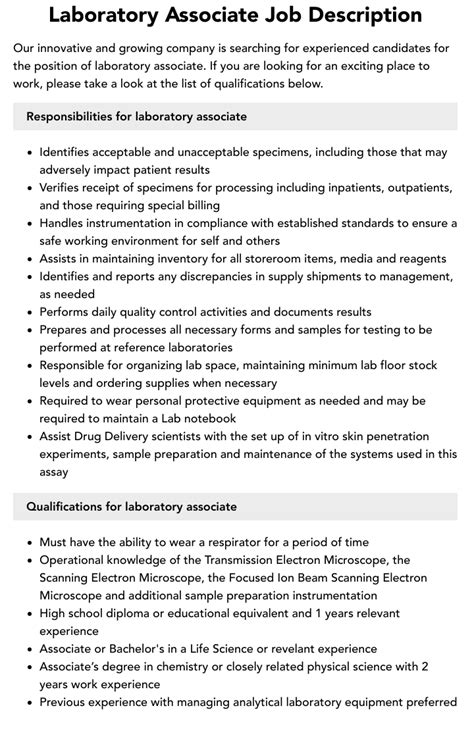 Laboratory Associate Job Description Velvet Jobs