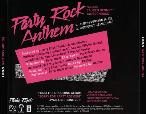 Car Tula Trasera De Lmfao Party Rock Anthem Featuring Lauren Bennett And Goonrock Cd Single