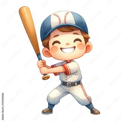 Watercolor Cute Baseball Player Holding A Baseball Bat And Preparing To