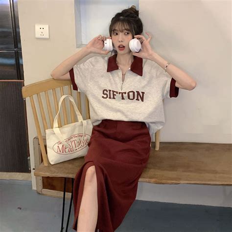 [무료배송 당일출고]봄 여름 반팔 카라 지퍼 맨투맨 롱 밴딩 스커트 투피스 휴양지 바캉스 데일리룩