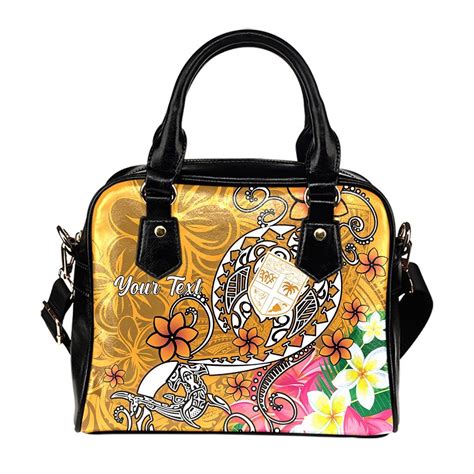 Fiji Custom Personalised Shoulder Handbag Turtle Plumeria Gold