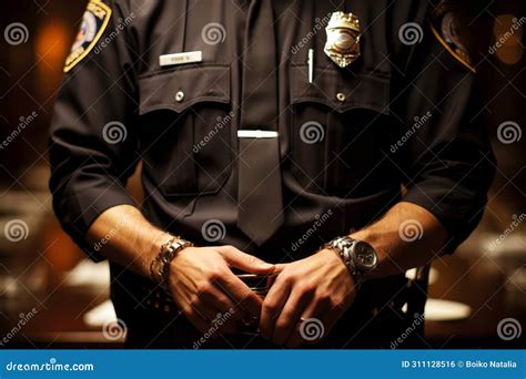 Law Enforcement Officer In Uniform With Badge And Handcuffs On Duty Belt Royalty Free Stock