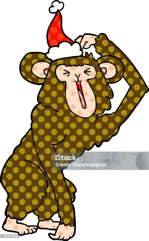 산타 모자를 쓰고 머리를 긁는 침팬지의 손으로 그린 만화책 스타일의 그림 귀여운에 대한 스톡 벡터 아트 및 기타 이미지 귀여운 긁음 낙서 드로잉 Istock