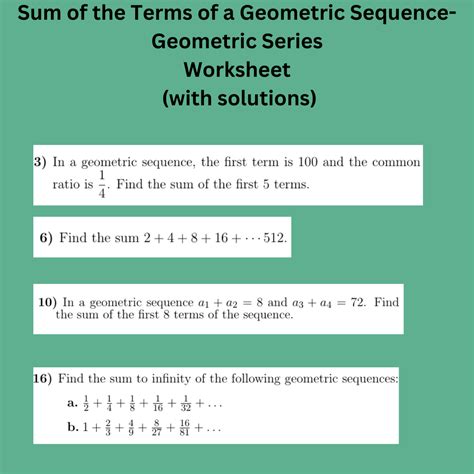 Sum Of The Terms Of A Geometric Sequence Geometric Series Worksheets Library