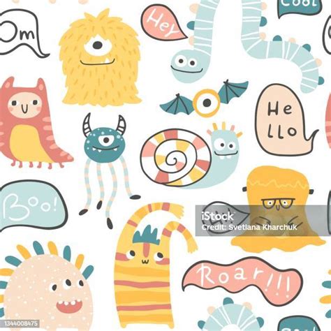 레터링 몬스터 할로윈 원활한 패턴 간단한 손으로 그린 스칸디나비아 스타일의 귀여운 만화 캐릭터 벡터 유치한 재미있는 낙서 일러스트레이션 아기 옷 직물 직물 0명에 대한 스톡