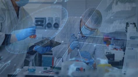Scientists Working In Laboratory With Digital Data Processing Animation Overlay Stock Footage
