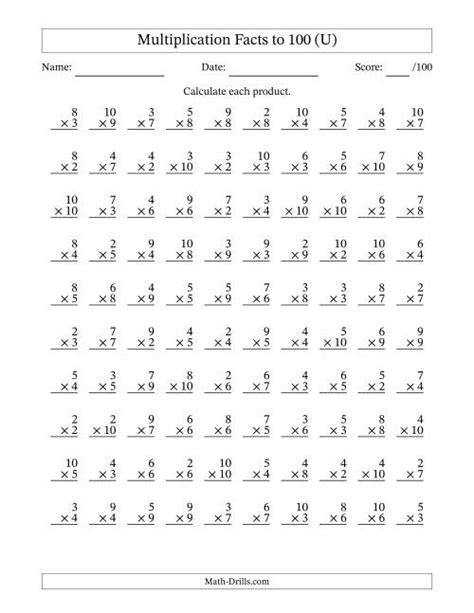 Multiplication Facts To 100 100 Questions No Zeros Or Ones U